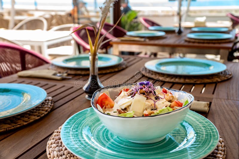 Freshly Prepared Chicken Caesar Salad in a Mediterranean Restaurant ...