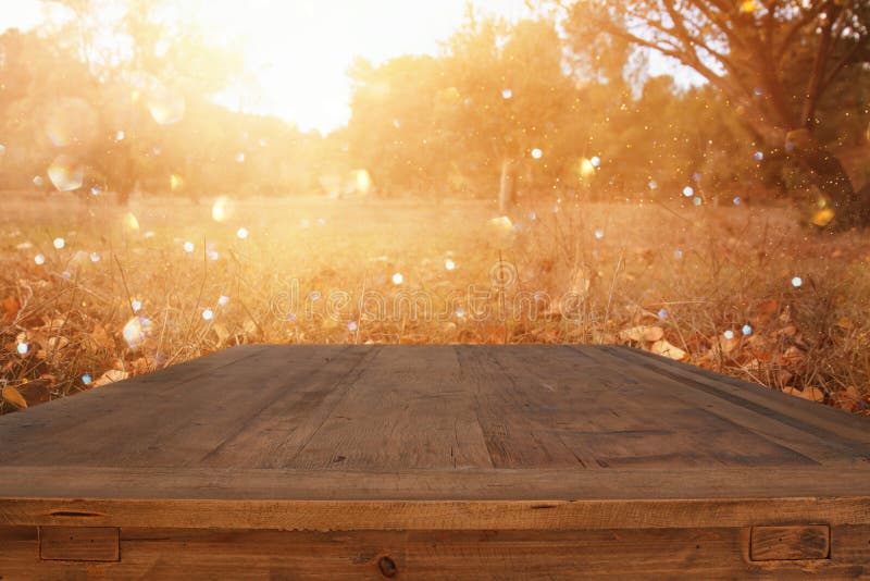 Image of Front Rustic Wood Boards and Background of Fall Leaves in ...