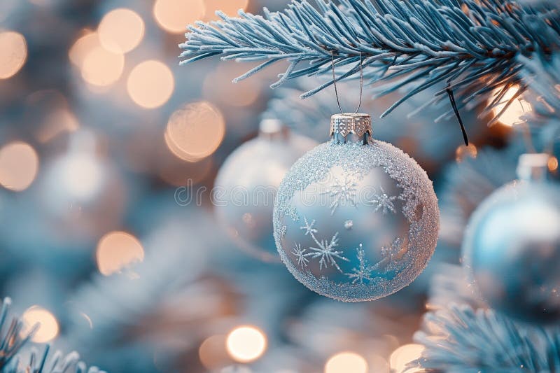 An Image of Frosted Blue Christmas Ornaments on a Tree, with Delicate ...