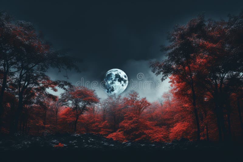 An Image of a Full Moon in a Forest with Red Trees Stock Illustration ...