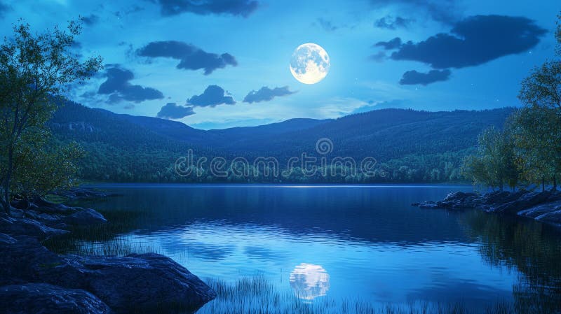 An Image of the Full Moon Rising Over a Lake with a Forest in the ...