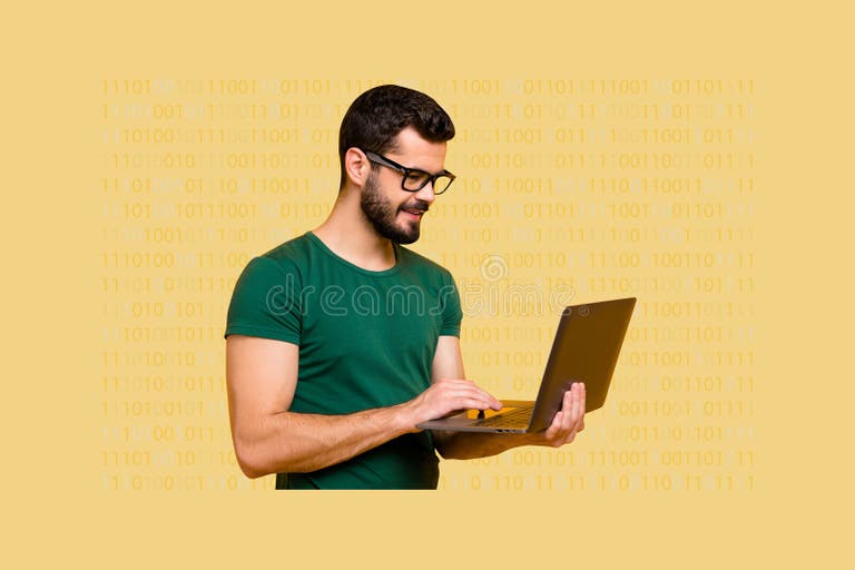 Image Full Trendy 3d Collage Poster of Happy Businessman Hold Laptop Coding Hacker Software ...