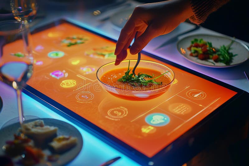 An Image of a Futuristic Restaurant that Features a Hologram or Smart ...