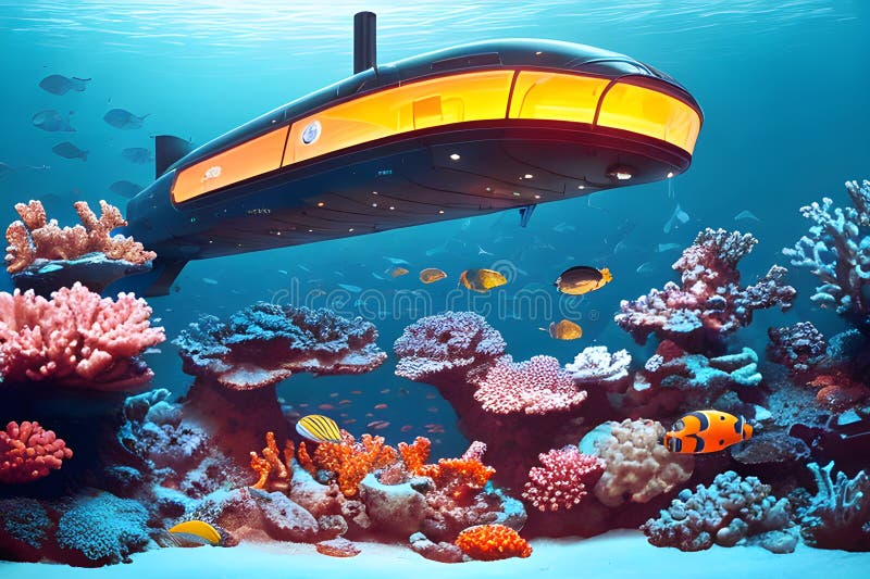Image of the Futuristic Submarine Exploring the Coral Reef in the Deep ...