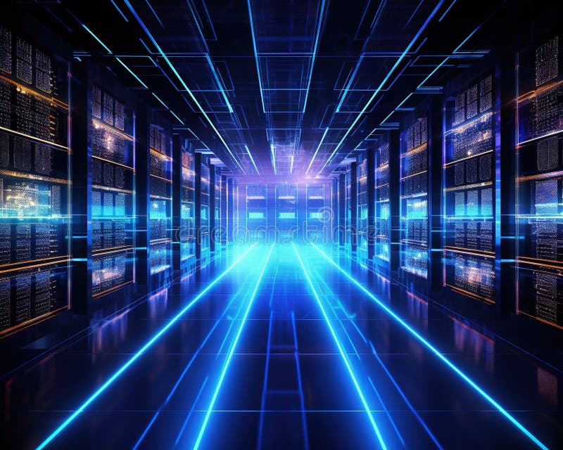 Futuristic Working Data Center with Row of Rack Server Stock ...