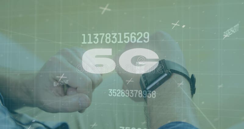 Image of 6g and Numbers Over Hands of Caucasian Man Using Smartwatch ...