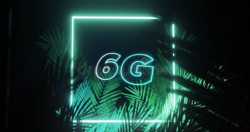 Image of 6g Text Over Neon Shape and Leaves on Black Background Stock ...
