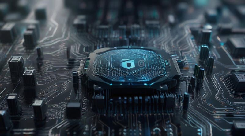 Futuristic Microchip with Shield Symbol and Data Flow – 3D Render Stock ...