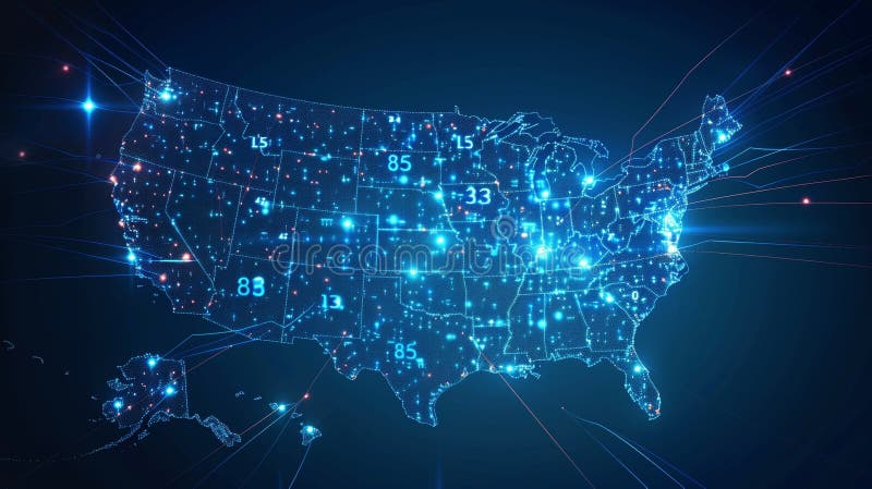 Abstract Digital Map of USA with Glowing Connections in Blue Theme ...