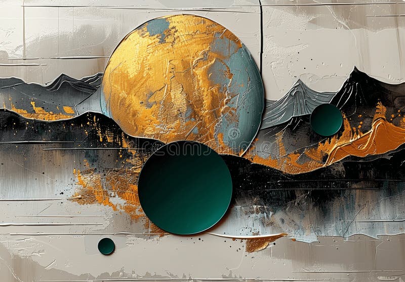 Teal Gray and Gold Abstract Painting with Golden Textures and Black ...