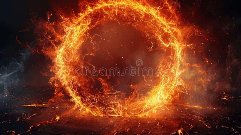 Red Fire Circle Ring Background with Lightning and Glowing Particles ...
