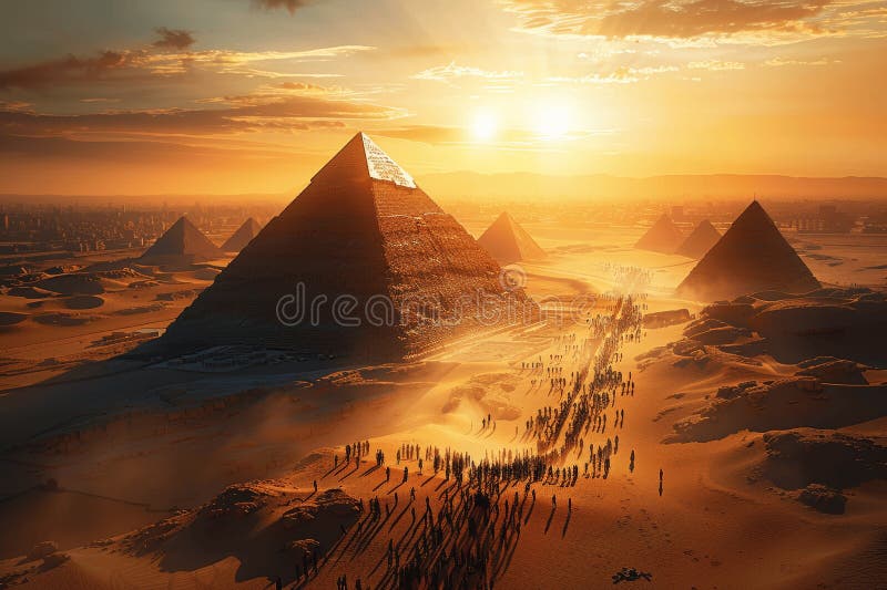 Ancient Exodus To Egyptian Pyramids at Golden Desert Sunset Stock ...