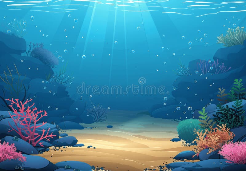 Cartoon Style Underwater Scene with Corals and Marine Life Stock ...