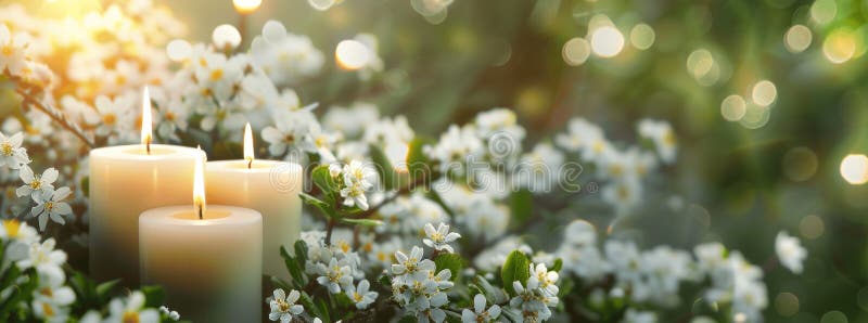 Tranquil Easter Background with White Candles and Spring Flowers Stock ...