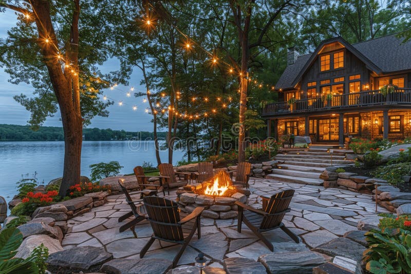 Peaceful Lakefront Retreat with Rustic Patio and String Lights Stock ...