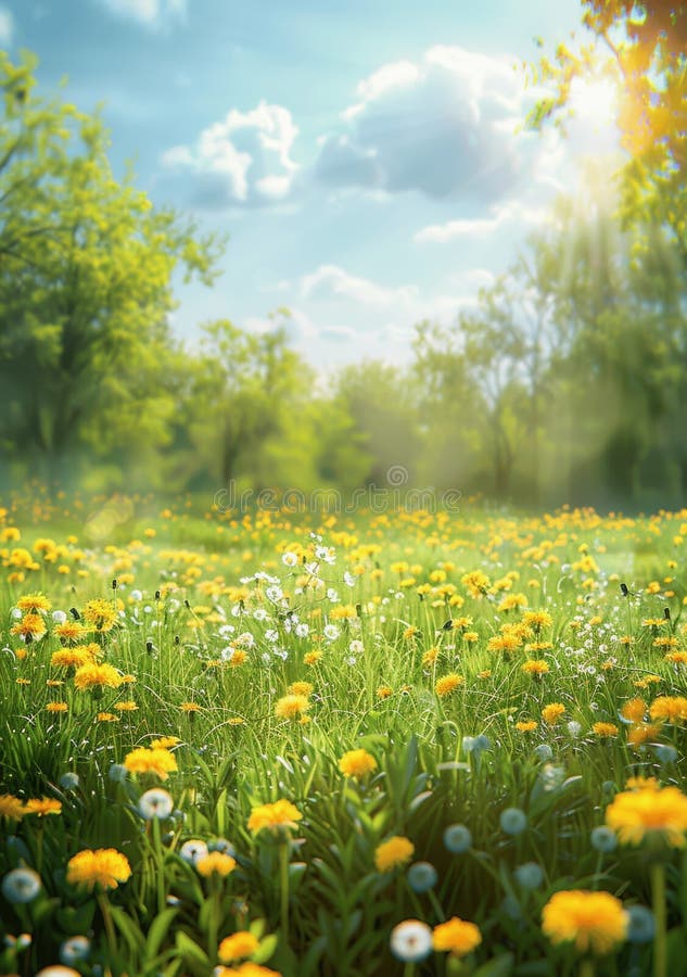 Beautiful Spring Meadow with Blurred Grass and Dandelions Stock ...