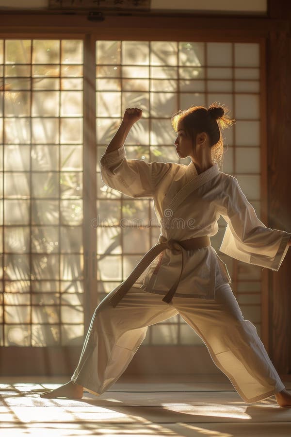 Female Karateka in a Serene Dojo Embracing Cultural Fusion Stock ...