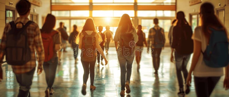 Dynamic High School Students Rushing through Hallway in Blur Stock ...