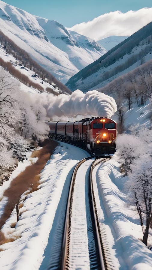 Train Running through a Snowy Valley in Winter Stock Illustration ...