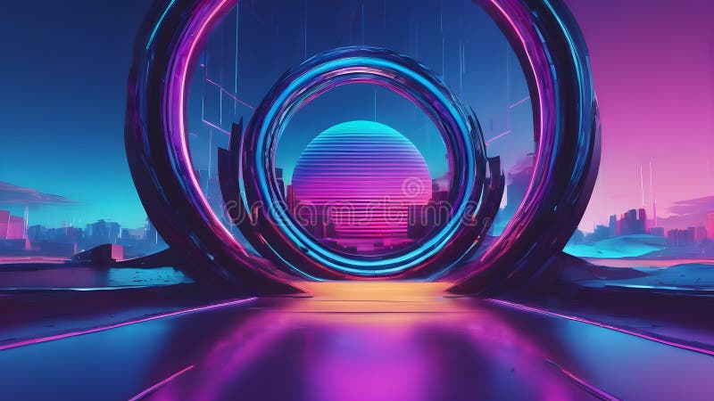 Synthwave Style 3D Circles and Futuristic Gate in Fuchsia and Purple ...