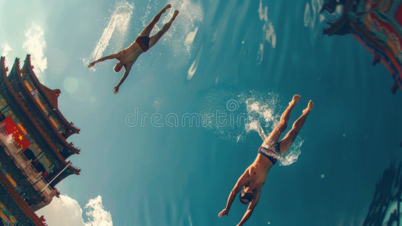 Aerial Spectacle of Synchronized Diving Against Chinese Landmark Stock ...
