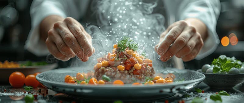 Chef Plating Gourmet Dish in High-End Restaurant Kitchen Stock ...