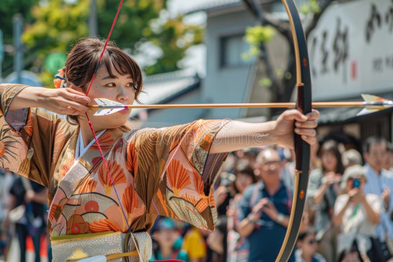 Dynamic Japanese Archer Competing with Crowd Cheering Stock ...