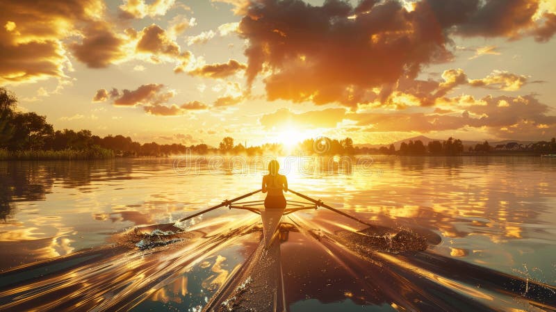 Dynamic Female Athlete Rowing Solo at Sunset in Germany Stock ...