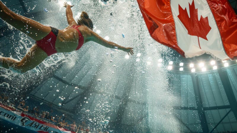 Dynamic Canadian Female Diver Performing Mid-Air Somersault Stock ...