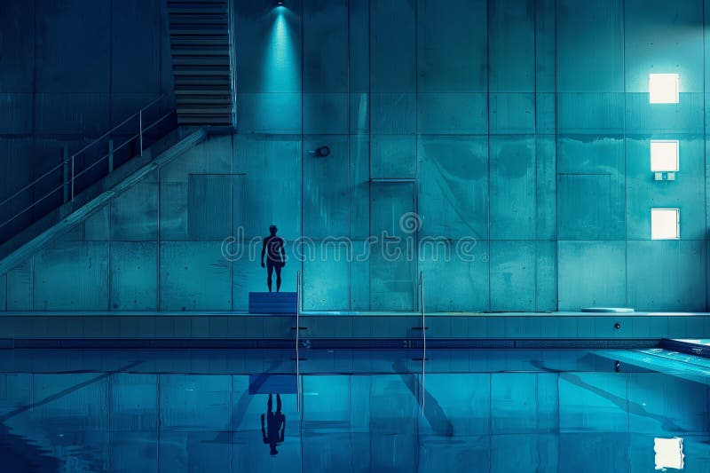Dramatic Moment of a Male Diver on a 10m Platform in an Indoor Pool ...