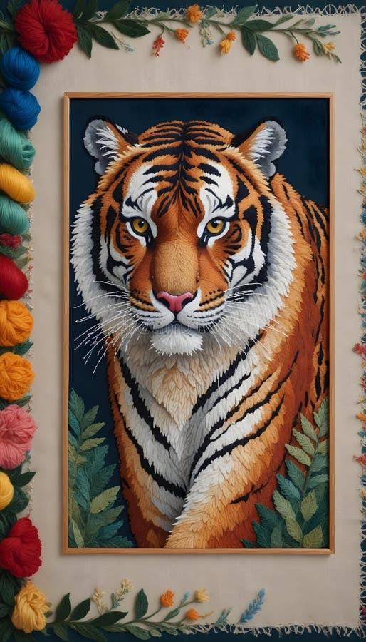 Tiger Feline Embroidery Knitted Yarn Crafted Design Wool Cotton ...