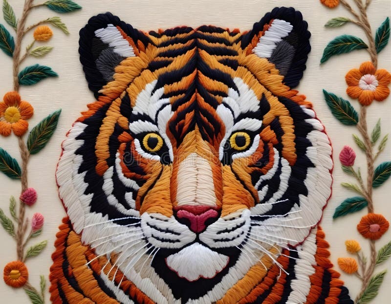 Tiger Feline Embroidery Knitted Yarn Crafted Design Wool Cotton ...