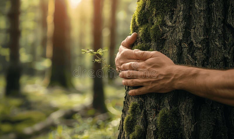 Close-up of Hand Touching Tree Trunk in Forest for Earth Day Stock ...