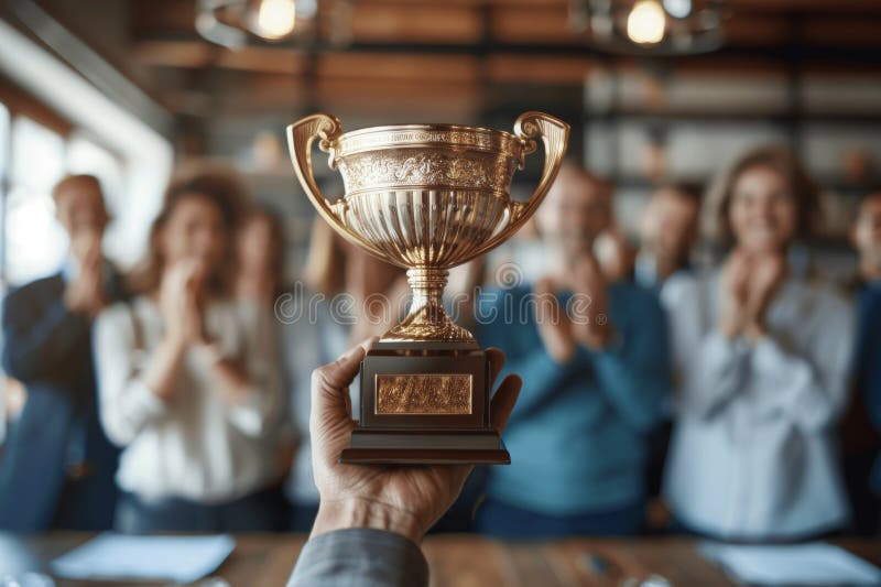 Business Team Celebrating Trophy Win in Office with Happy Employees and ...