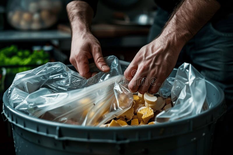 Close Up of a Man Disposing Garbage in Kitchen Trash Bin Stock ...