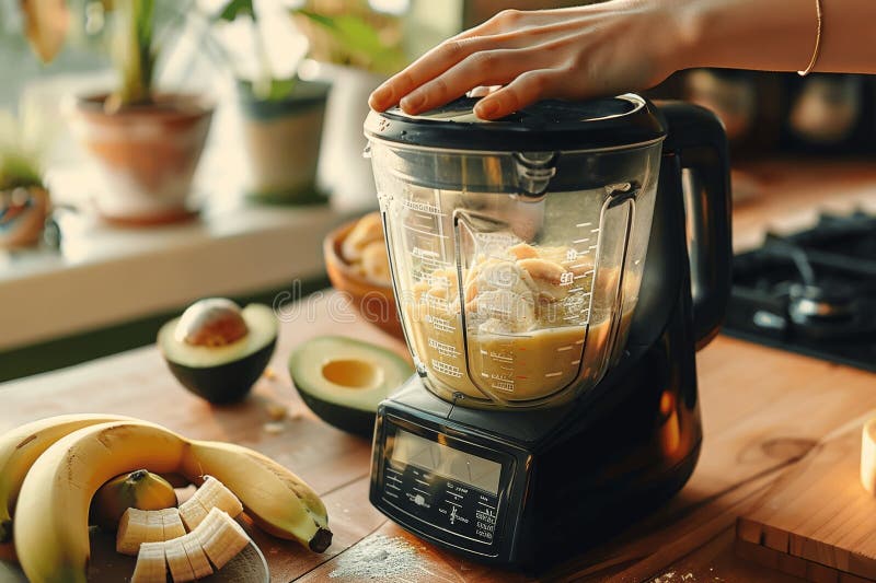Female Hand Blending a Healthy Morning Smoothie in Cozy Kitchen Stock ...