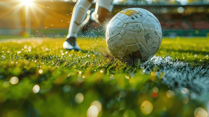 Close-Up of Soccer Player Kicking Ball with Stadium Background and ...