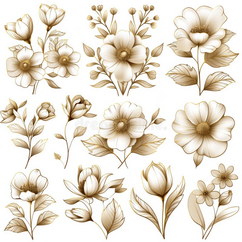 Elegant Gold Line Art Floral Elements for Weddings & Nature Stock ...