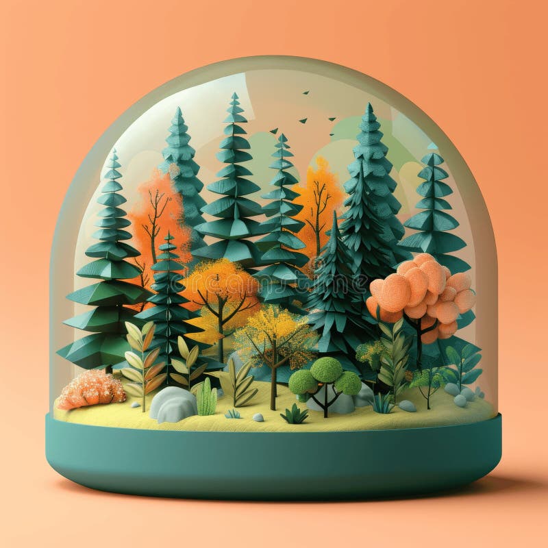 Cute Isometric Forest Terrarium Illustration in Pastel Green Stock ...