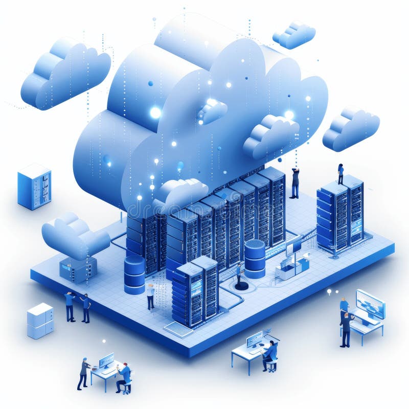 3D Isometric Cloud Server Data Center Illustration with People and City ...