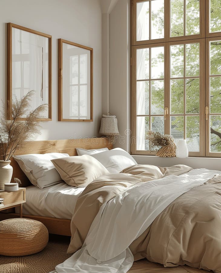 Bohemian Style Bedroom with Oak Wood Frames and Light Linen Bedding ...