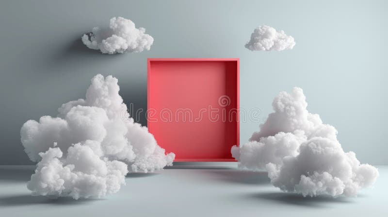 3D Render Red Rectangle Mockup with White Clouds on Grey Background ...
