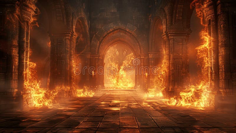 Fantasy Illustration of Ancient Castle Interior with Arches and Flames ...