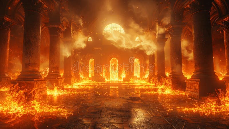 Fantasy Illustration of Medieval Castle Interior with Flaming Torches ...