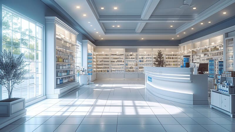 Modern Pharmacy Interior with Bright Design and Medicine Shelves Stock ...