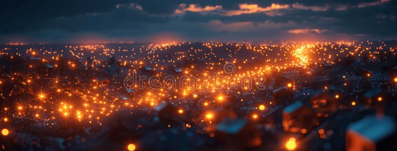 Futuristic Smart Digital Village Network Infrastructure at Night Stock ...