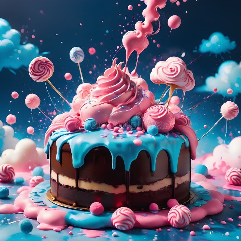 Chocolate Covered Sponge Cake with Colorful Candy Explosion Around ...