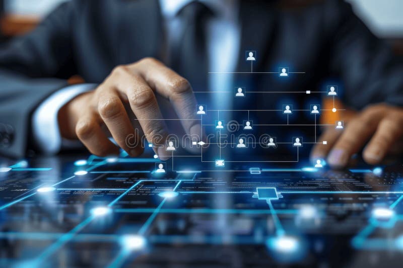 Businessman Interacting with Digital Organization Chart in Office Stock ...