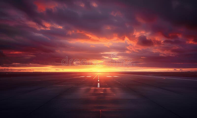 Dramatic Sunset Over Empty Airport Runway with Deep Purple and Orange ...