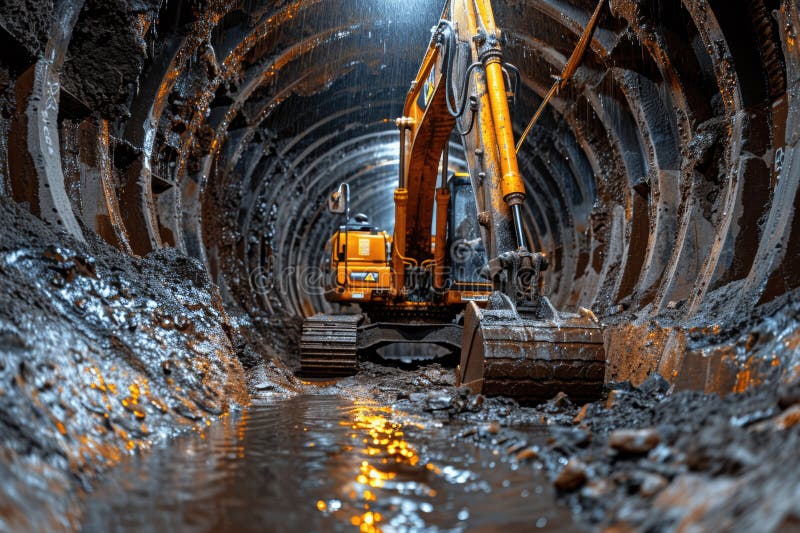 Excavator Working in a Trench Inside a Tunnel at Construction Site ...